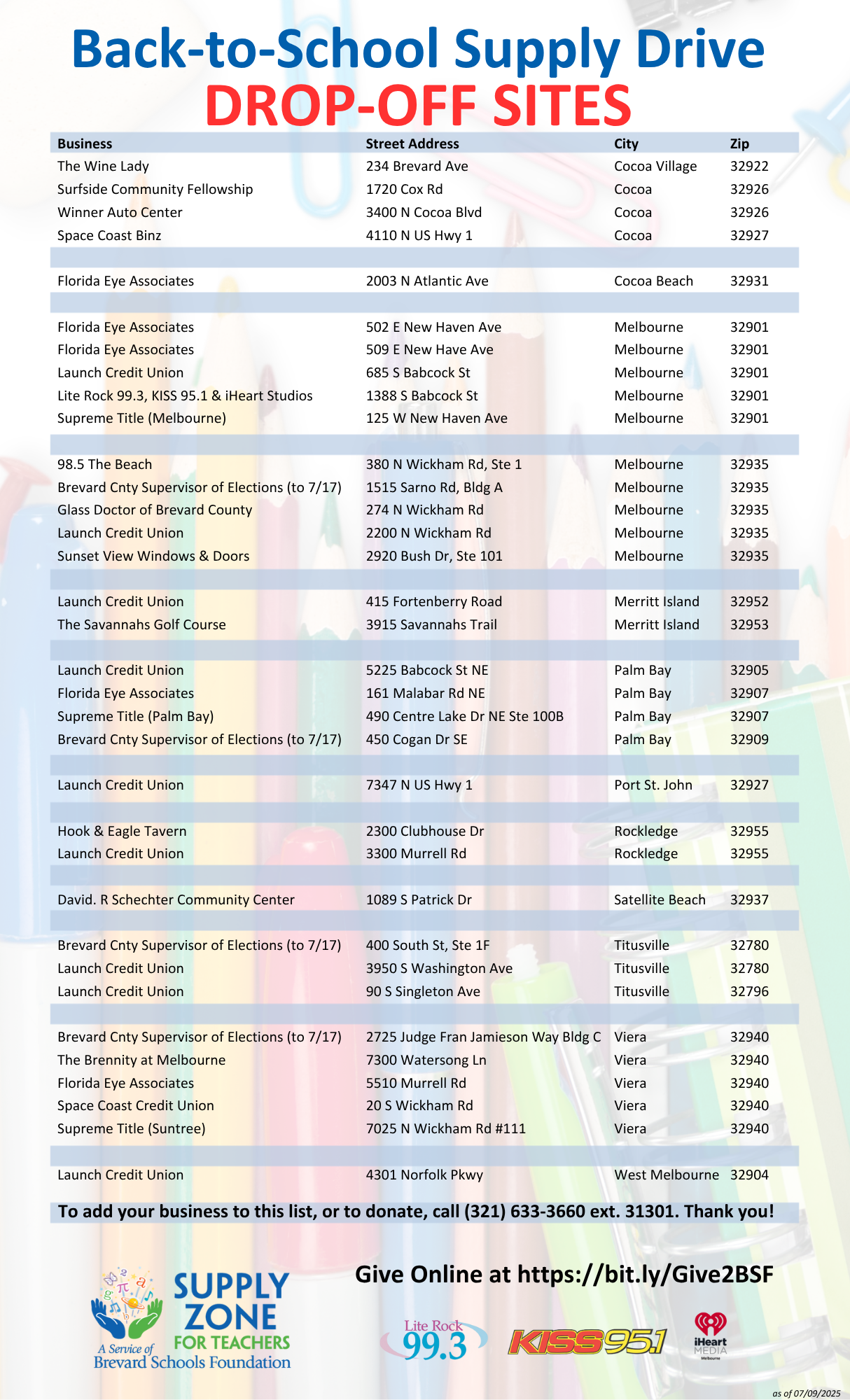 2025 Supply Drive Drop Off Sites - Brevard Schools Foundation | FL